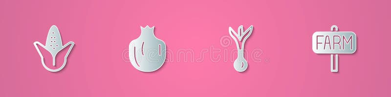 Set Paper Cut Corn, Pomegranate, Onion and Location Farm Icon. Paper ... Set Paper Cut Corn, Pomegranate, Onion and Location Farm Icon. Paper ...