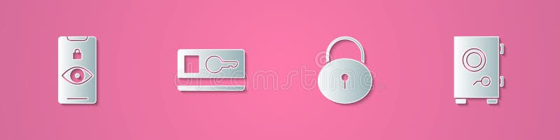 Set Paper Cut Eye Scan, Key Card, Lock and Safe Icon. Paper Art Style ...