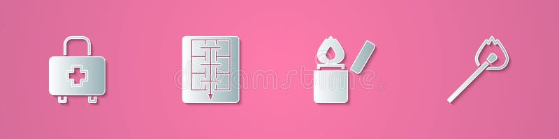 Set Paper Cut First Aid Kit, Evacuation Plan, Lighter and Burning Match ...