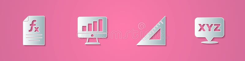 Set Paper Cut Function Mathematical Symbol Computer Monitor With Graph Chart Triangular Ruler