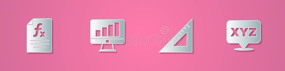 Set Paper Cut Function Mathematical Symbol Computer Monitor With Graph Chart Triangular Ruler