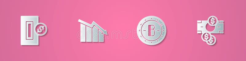 Set Paper Cut Inserting Coin, Financial Growth Decrease, Bitcoin and Stacks Paper Money Cash ...