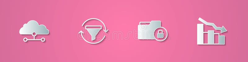 Set Paper Cut Network Cloud Connection, Sales Funnel with Chart, Folder and Lock and Financial ...