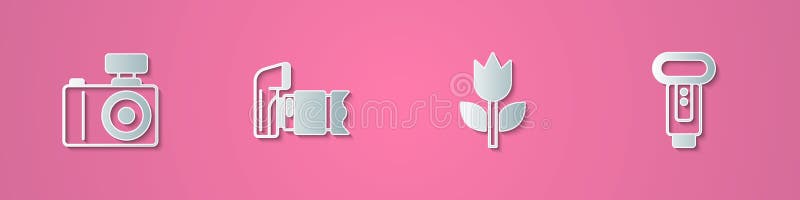 Set Paper Cut Photo Camera, Mode Macro and Flash Icon. Paper Art Style ...