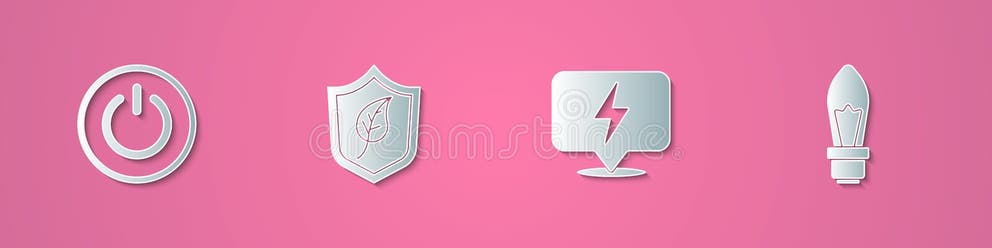 Set Paper Cut Power Button, Shield with Leaf, Lightning Bolt and Bulb ...