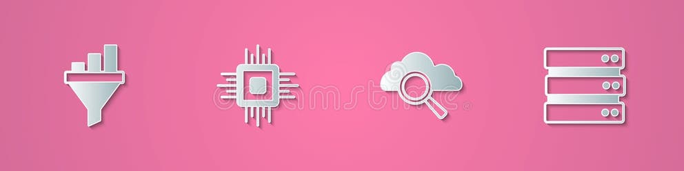 Set Paper Cut Sales Funnel with Chart, Processor CPU, Search Cloud Computing and Server Icon ...