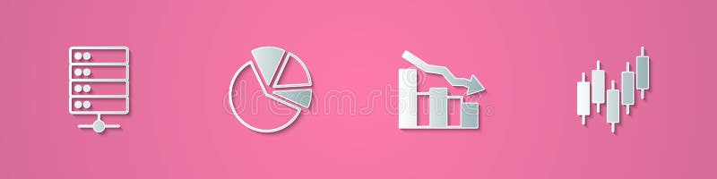 Set Paper Cut Server, Pie Chart Infographic, Financial Growth Decrease and Browser with Stocks ...