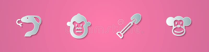 Set Paper Cut Snake, Monkey, Shovel and Icon. Paper Art Style. Vector ...
