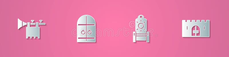 Set Paper Cut Trumpet with Flag, Medieval Castle Gate, Throne and Icon ...
