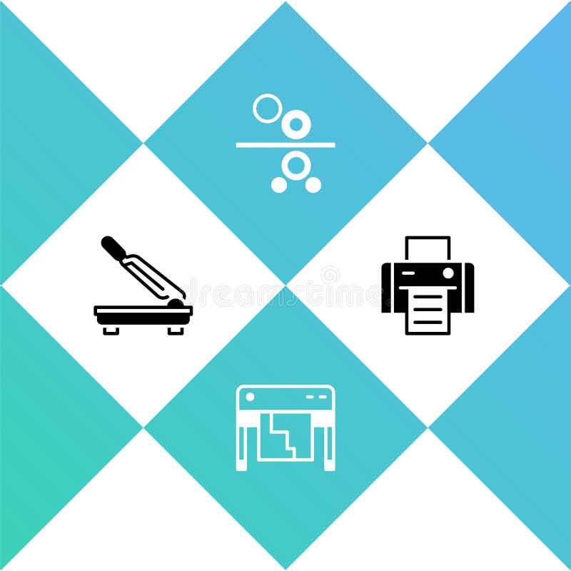 Set Paper Cutter, Plotter, Roll of Printing Press and Printer Icon ...