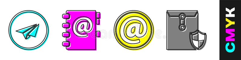 Set Paper Plane, Address Book, Mail and E-mail and Envelope with Shield Icon. Vector Stock ...