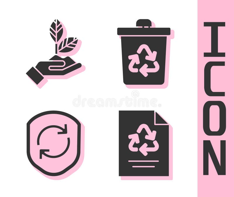 Set Paper with Recycle, Plant in Hand, Recycle Symbol Inside Shield and ...