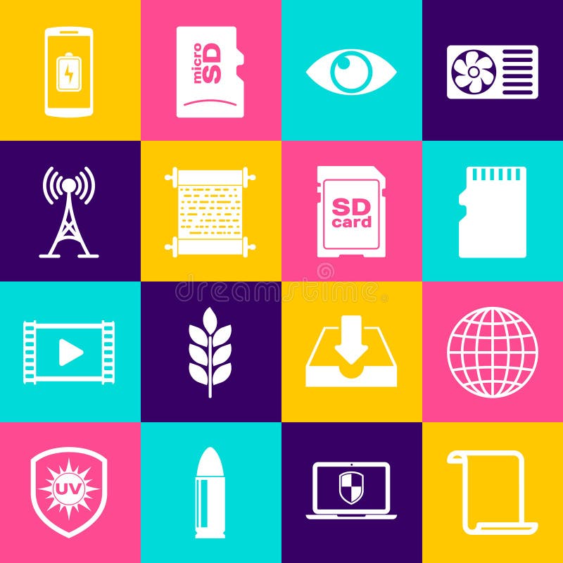 Set Paper Scroll, Earth Globe, Micro SD Memory Card, Eye, and Antenna ...