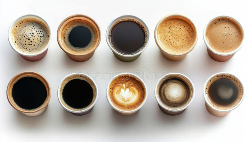 Set of Paper Take Away Cups with Different Coffee Types, Top View on ...