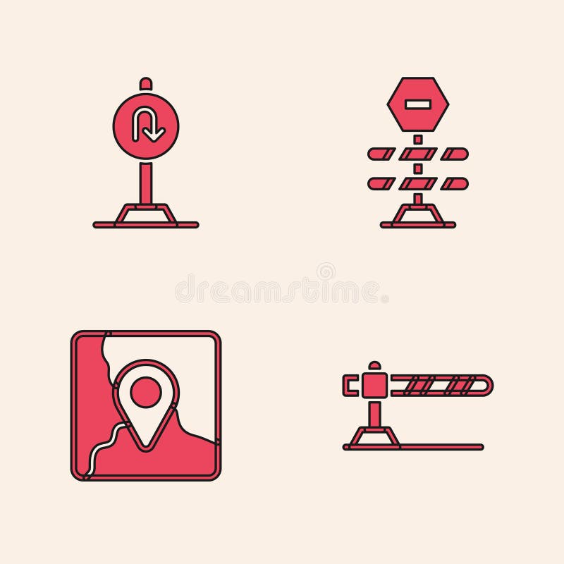 Set Parking Car Barrier, Turn Back Road Sign, Road and Folded Map with ...