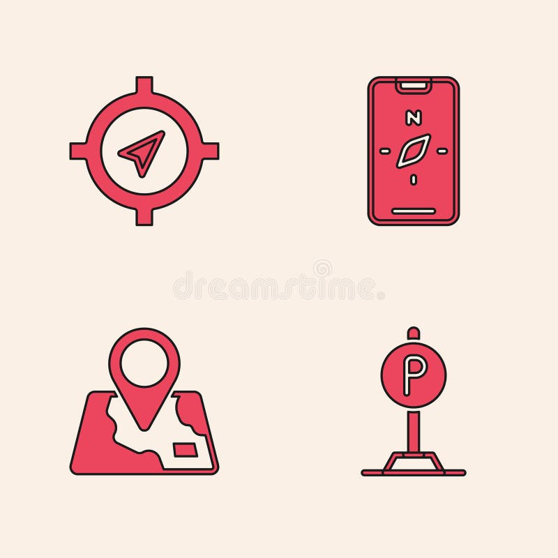 Set Parking, Compass, on Mobile and Folded Map with Location Marker ...