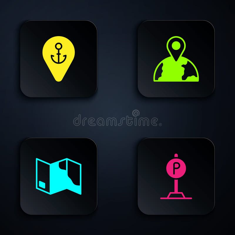 Set Parking, Location with Anchor, Folded Map and the Globe. Black ...