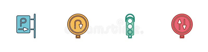 Set Parking, Turn Back Road Sign, Traffic Light and Road Warning Two ...