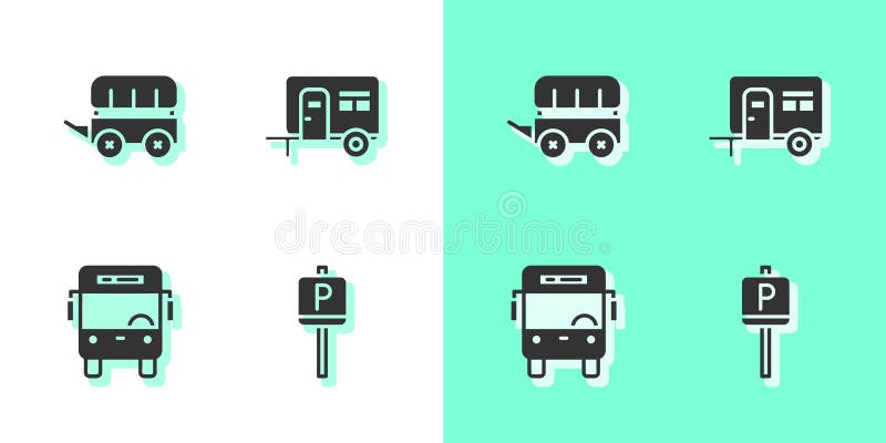 Set Parking, Wild West Covered Wagon, Bus and Rv Camping Trailer Icon ...
