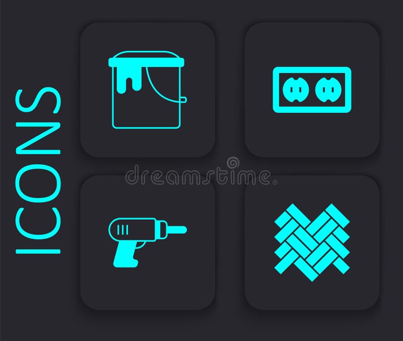 Set Parquet, Paint Bucket, Electrical Outlet and Drill Machine Icon ...