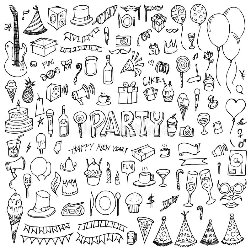 Set of Party Drawing Illustration Hand Drawn Doodle Sketch Line Vector ...