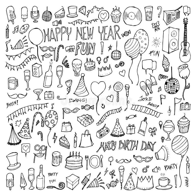 Set of Party Drawing Illustration Hand Drawn Doodle Sketch Line Vector ...