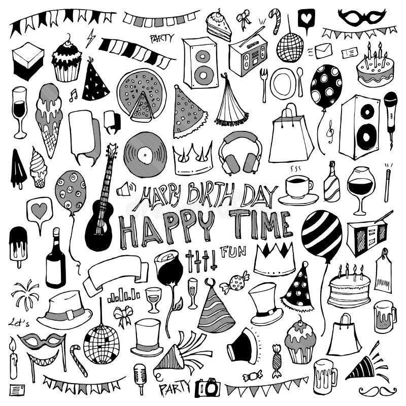 Set of Party Drawing Illustration Hand Drawn Doodle Sketch Line Vector ...