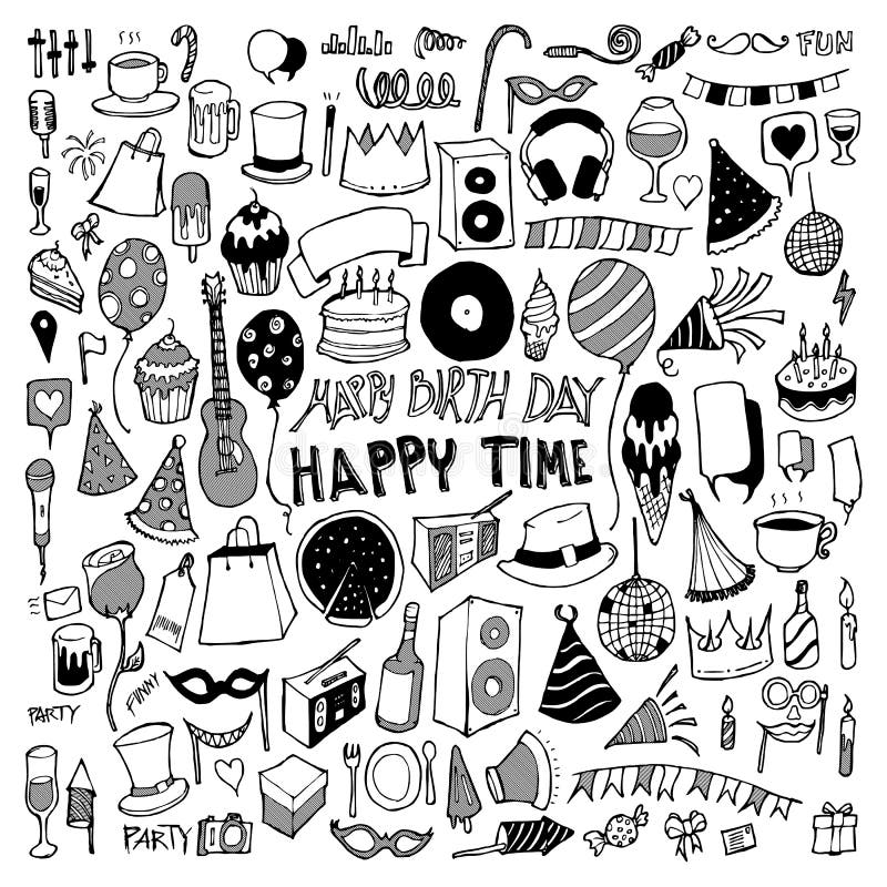 Set of Party Drawing Illustration Hand Drawn Doodle Sketch Line Vector ...