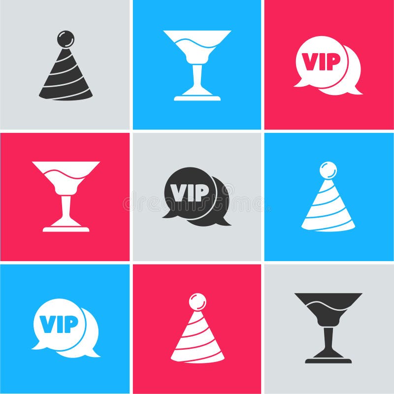 Set Party Hat, Cocktail and Vip in Speech Bubble Icon. Vector Stock ...