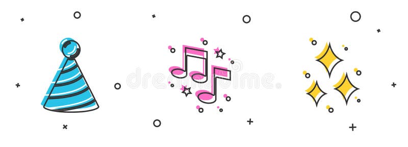 Set Party Hat, Music Note, Tone and Firework Icon. Vector Stock Vector ...