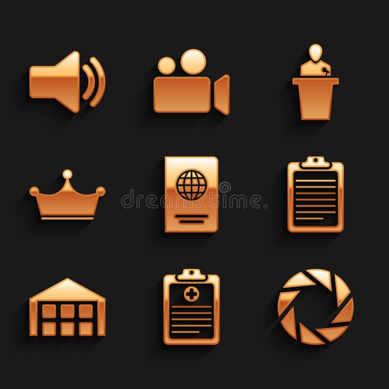 Set Passport, Clinical Record, Camera Shutter, Clipboard with Document ...