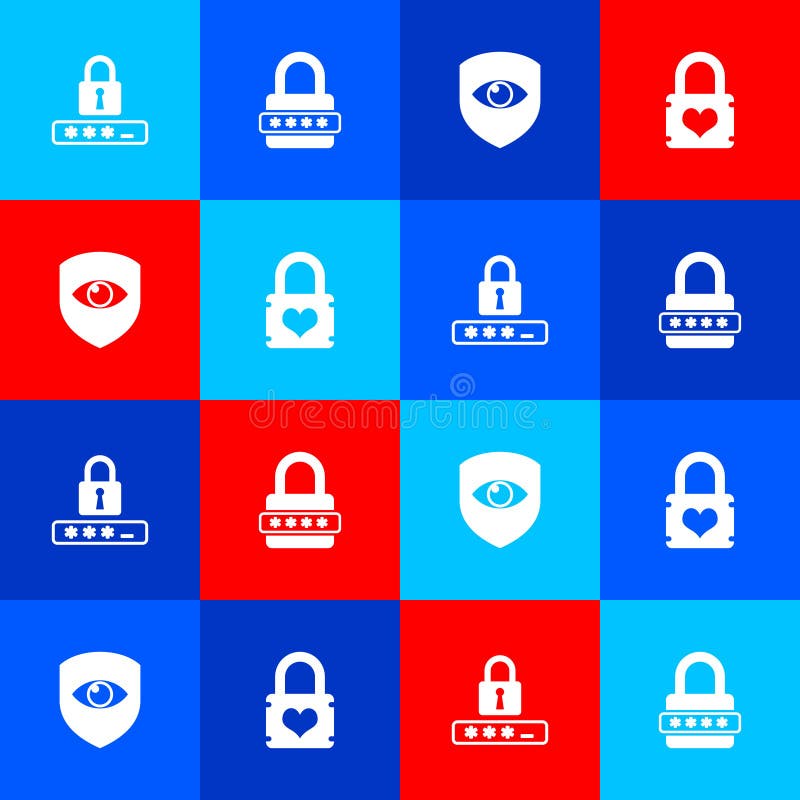 Set Password Protection, , Shield and Eye and Padlock with Heart Icon ...