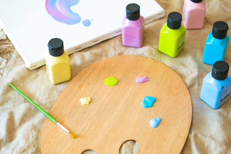 Set of Pastel Acrilic Paint Jars in White Canvas. Stock Image - Image ...