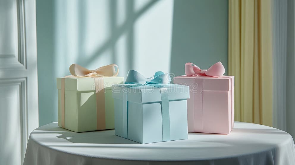 Set of Pastel-colored Gift Boxes with Ribbons on a White Table Pic ...