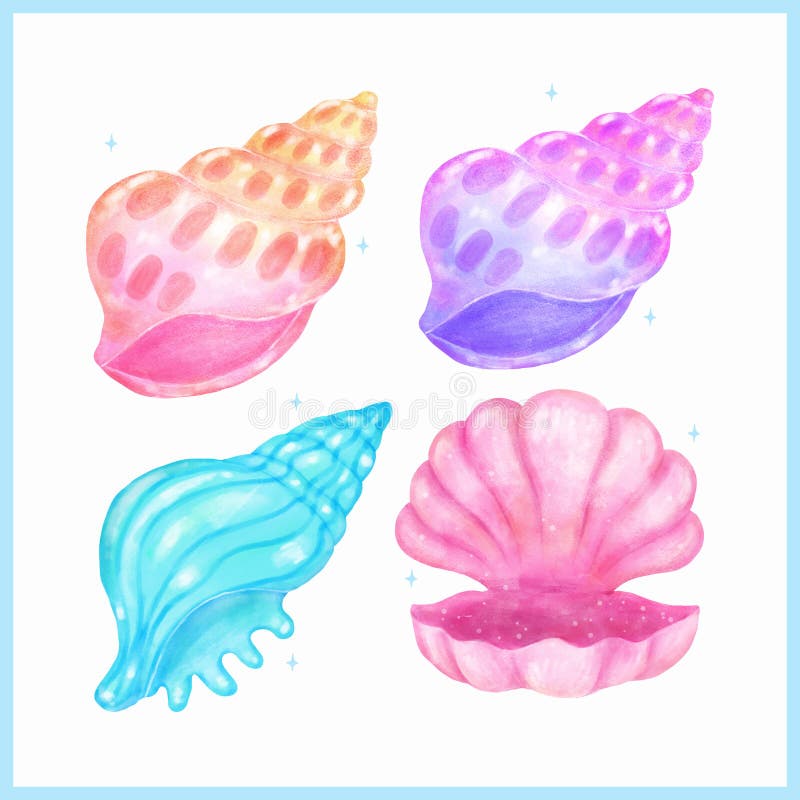 Set of Pastel Conch Seashell and Open Shell Blue and Pink Watercolor ...