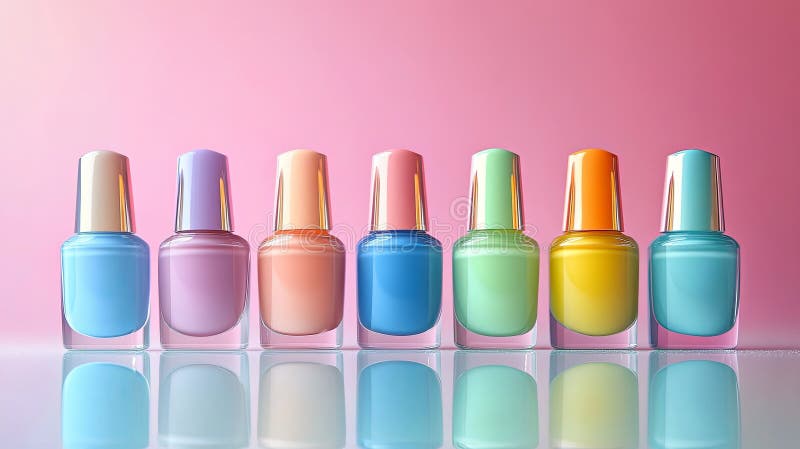 A Set of Pastel Nail Polishes Arranged in a Perfect Line on a Glossy ...
