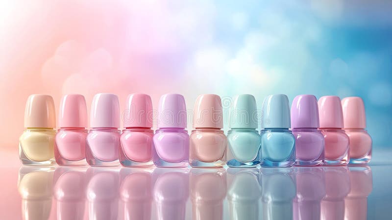 A Set of Pastel Nail Polishes Arranged in a Perfect Line on a Glossy ...