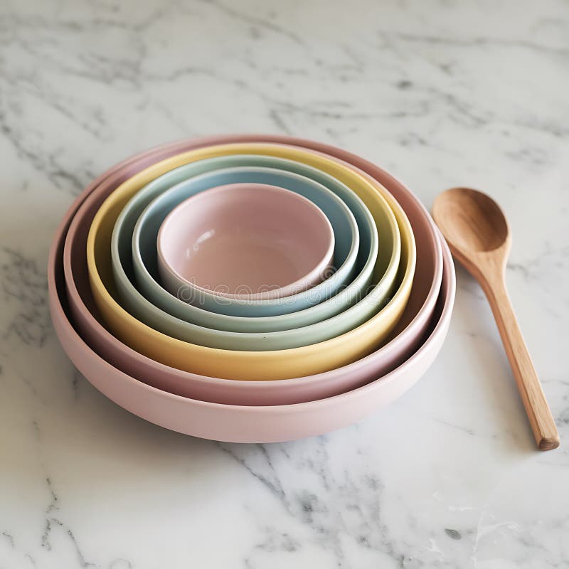 Pastel Rainbow Stackable Ceramic Bowls and Wooden Spoon Set Stock ...