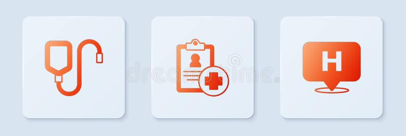 Set Patient Record, IV Bag and Location Hospital. White Square Button ...