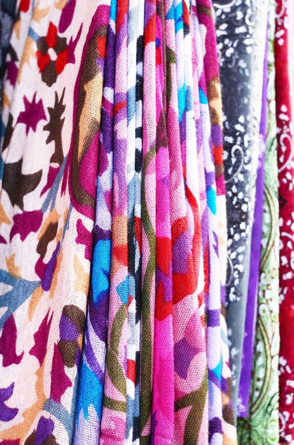 Set of Pattern Scarves Hanging at Oriental Bazaar Stock Image - Image ...