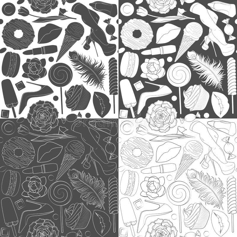 Set of Patterns Glamorous Female Illustrations. Black and White ...