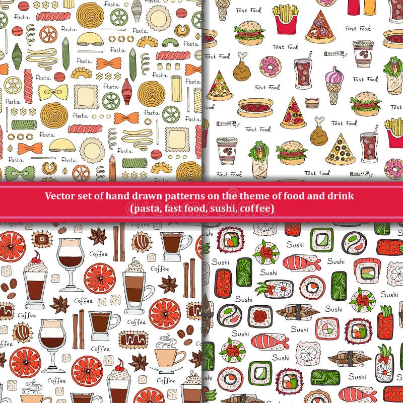 Set of Patterns on the Theme of Food, Drink Stock Illustration ...
