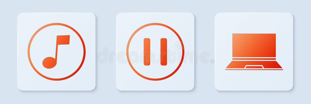 Set Pause Button, Music Note, Tone and Laptop. White Square Button ...