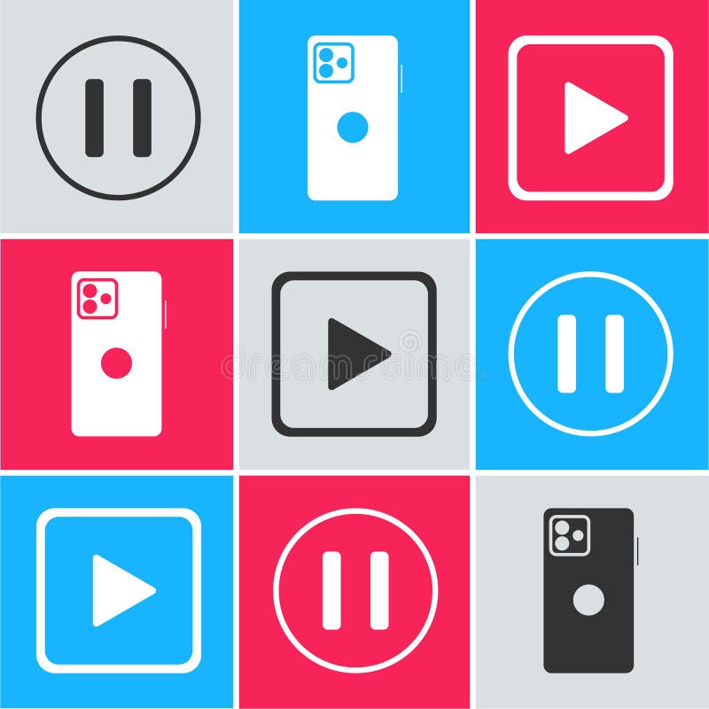 Set Pause Button, Smartphone, Mobile Phone and Play in Square Icon ...