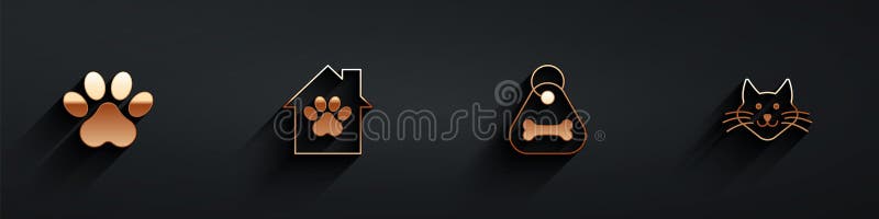 Set Paw Print, Pet House, Dog Collar with Bone and Cat Icon with Long ...