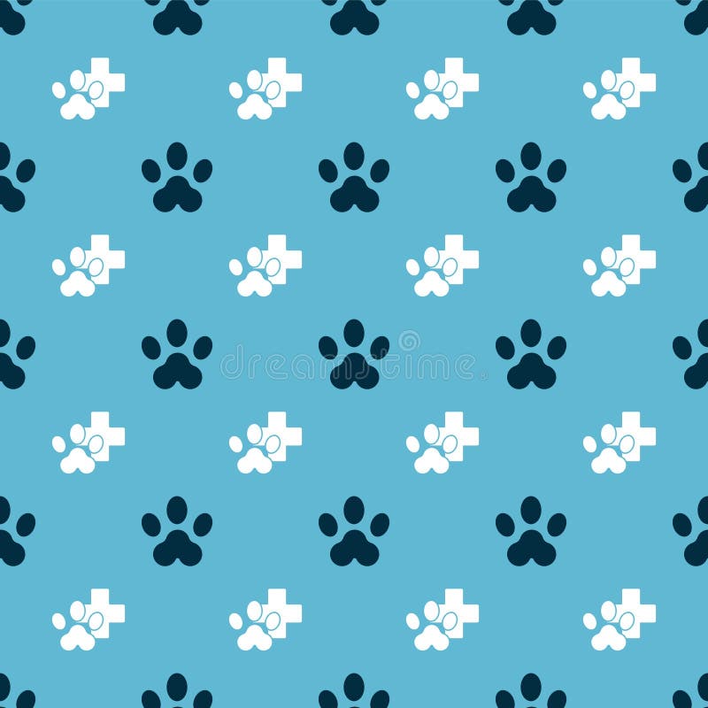 Set Paw Print and Veterinary Clinic Symbol on Seamless Pattern. Vector ...