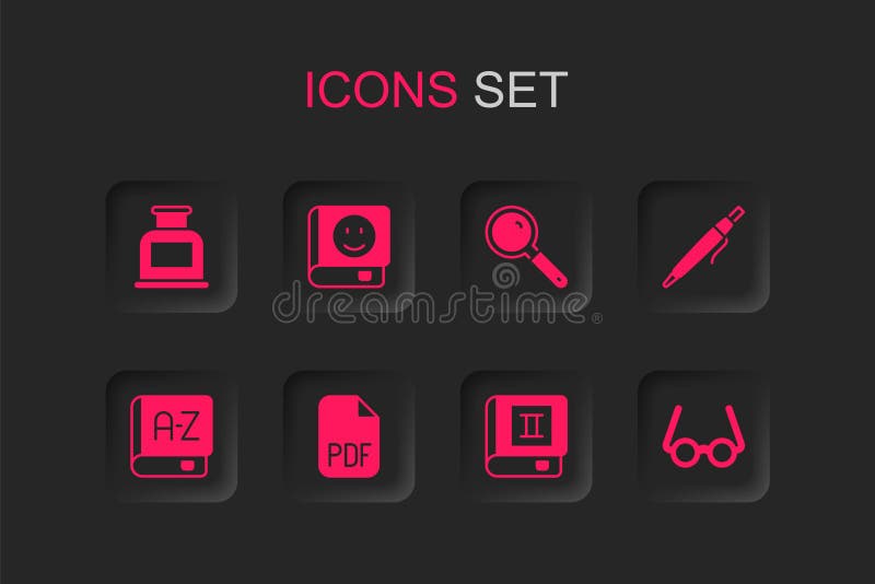 Set PDF File Document, Book, Inkwell, Pen, Glasses, Magnifying Glass ...