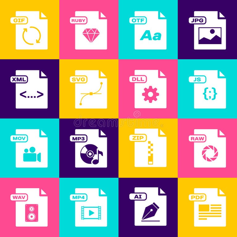 Set PDF File Document, RAW, JS, OTF, SVG, XML, GIF and DLL Icon. Vector Stock Vector ...