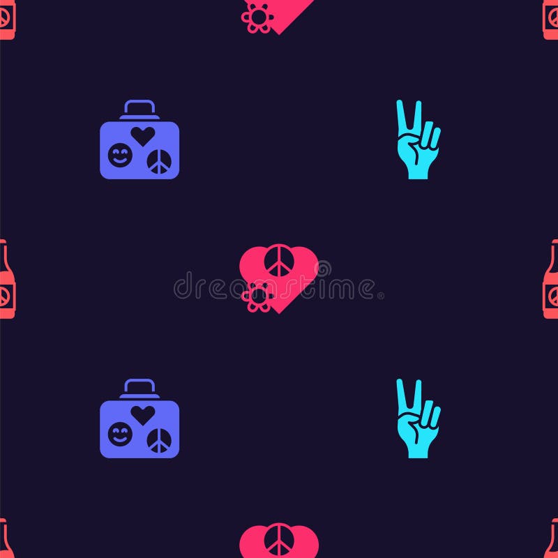 Set Peace Symbol, Suitcase for Travel, Love Peace and Beer Bottle on ...