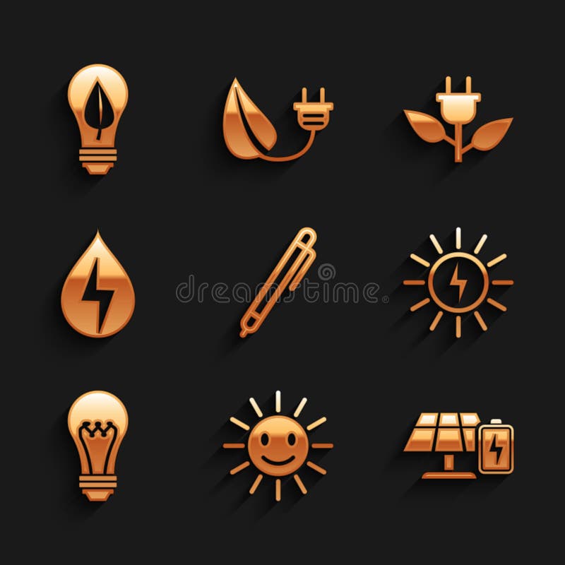 Set Pen, Cute Sun with Smile, Solar Energy Panel and Battery, Light ...
